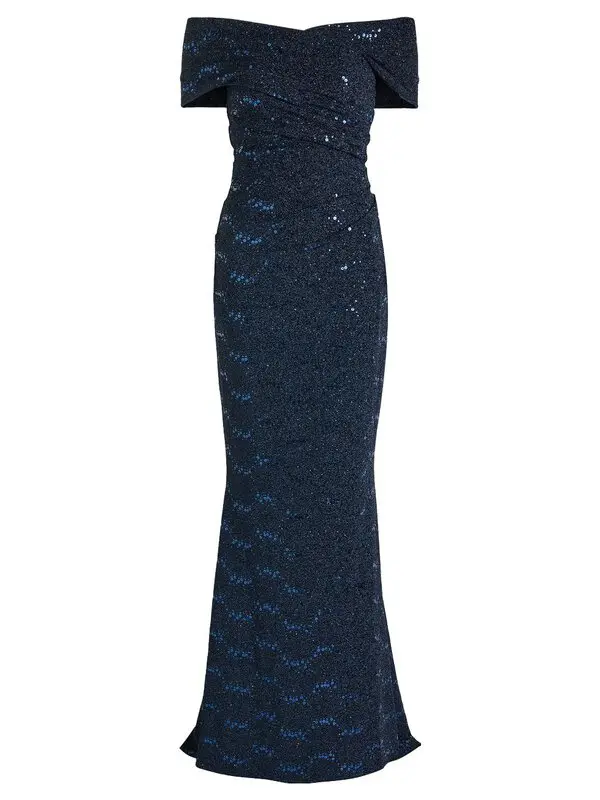 Talbot Runhof Off-the-shoulder Sequin Embellished Gown - Navy