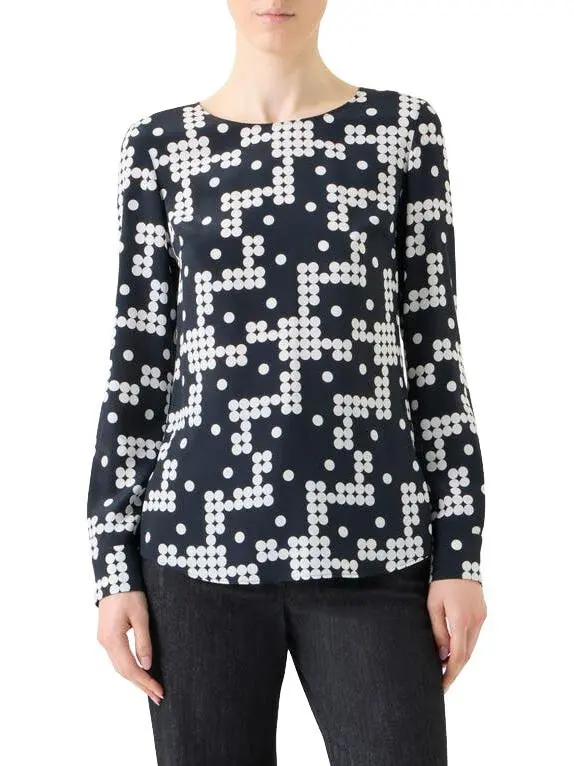Akris Dot Print Silk Boat Neck Top - Black-cream