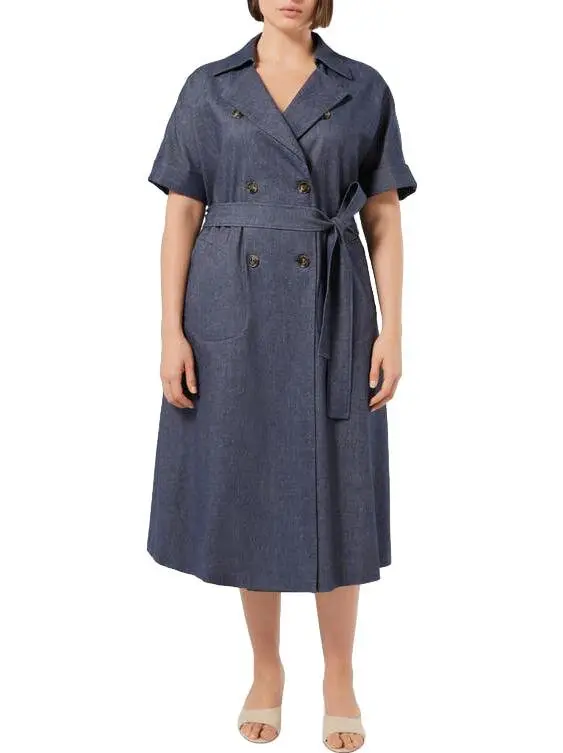 Marina Rinaldi Favilla Double-breasted Cotton & Linen Shirtdress - Blue Jeans