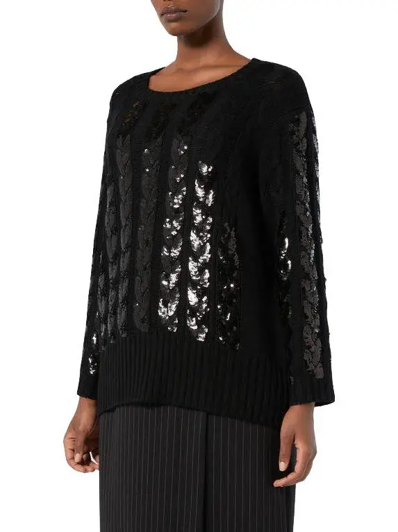 Marina Rinaldi Zac Sequin Cable Stitch Virgin Wool Blend Sweater - Black
