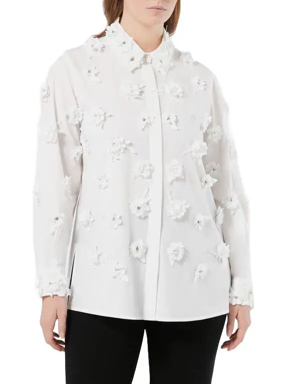 Marina Rinaldi Fidato Crystal Flower Button-up Shirt - Optical White