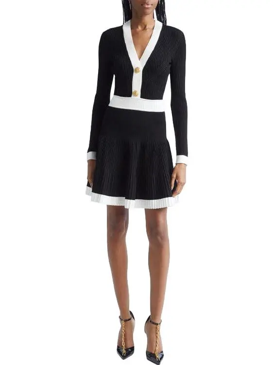 Balmain Colorblock Twisted Cable Long Sleeve Sweater Dress - Black/white