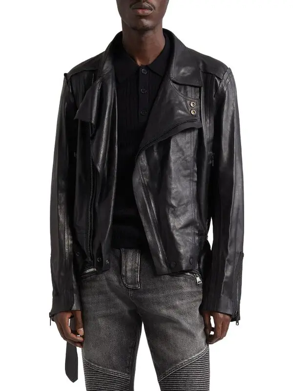 Balmain Belted Lambskin Leather Biker Jacket - Black