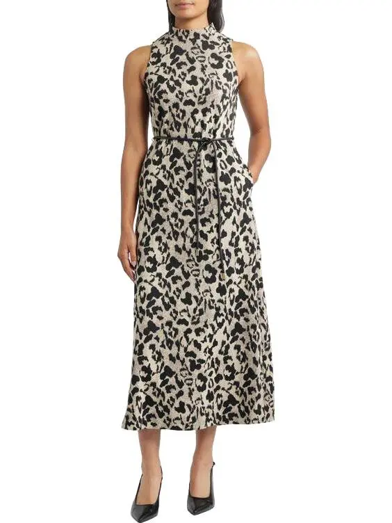 Anne Klein Leopard Print Mock Neck Dress - Light Parchment/anne Black