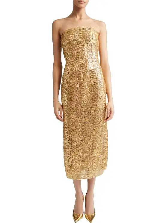 EMILIA WICKSTEAD Leila Metallic Guipure Lace Strapless Cocktail Dress - Gold