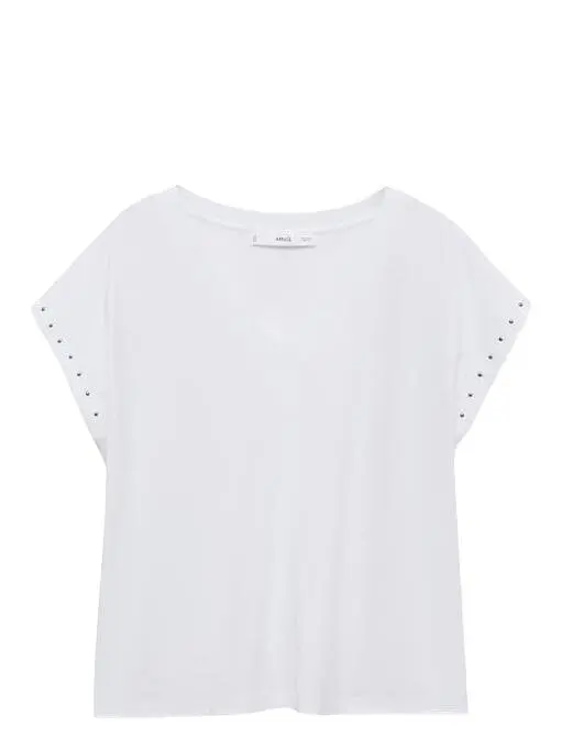 Mango Stud Accent Cotton V-neck T-shirt - White
