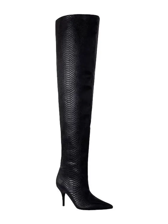 AZALEA WANG Halina Snakeskin Embossed Thigh High Boots - Black