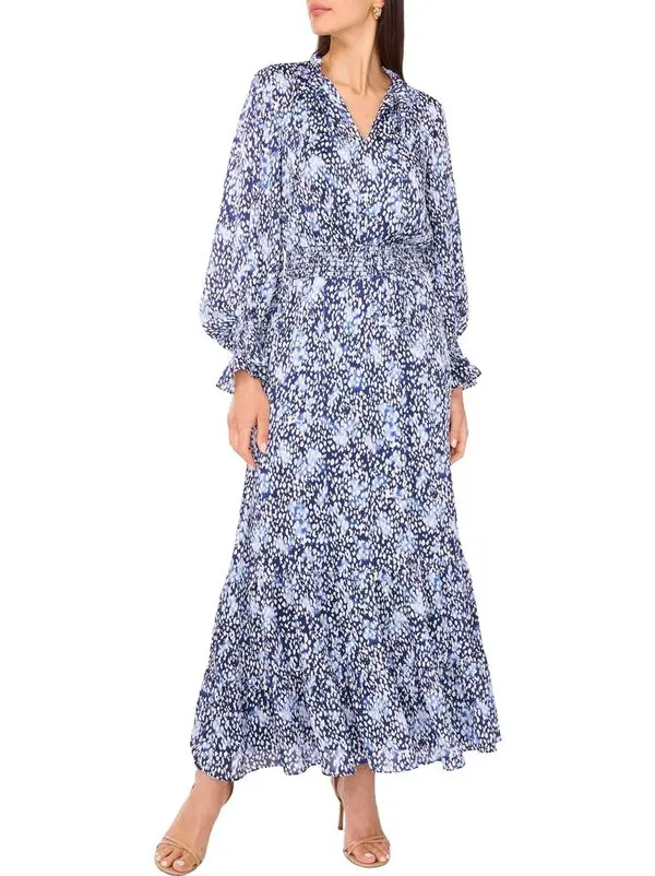 Vince Camuto Printed Long Sleeve Maxi Dress - Classic Navy