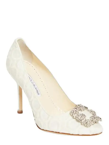 Manolo Blahnik Hangisi Crystal Buckle Pump - Light Cream