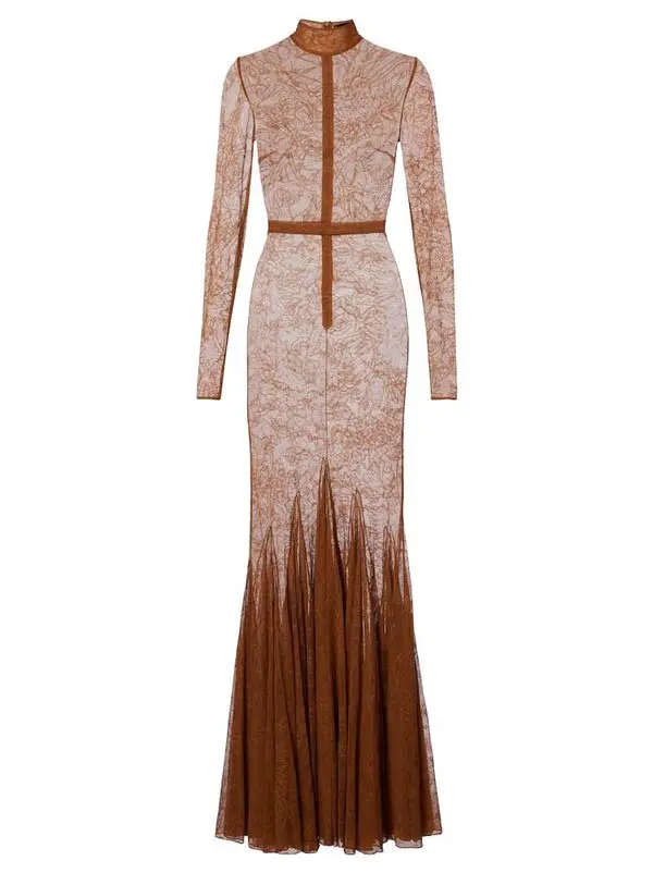David Koma Sheer Lace Gown - Brown