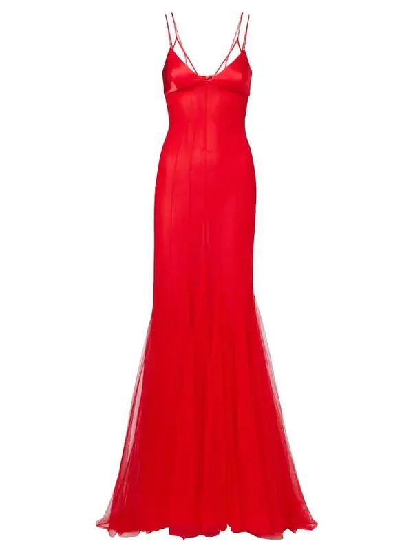 David Koma Satin And Tulle Gown - Red