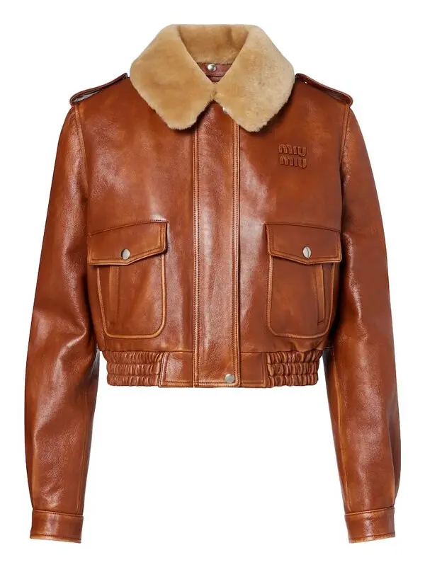 Miu Miu Shearling-trimmed Leather Jacket - Brown
