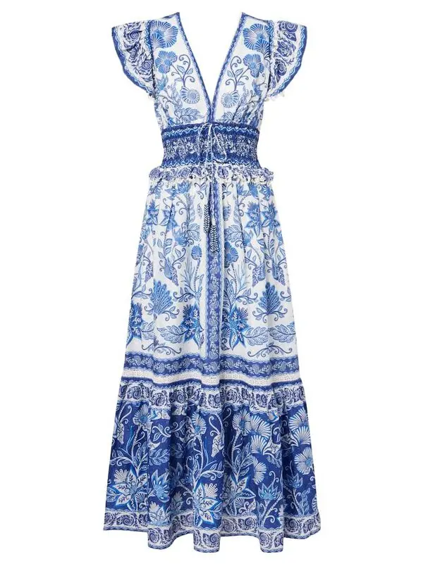 Farm Rio Floral Tiered Cotton Maxi Dress - Blue