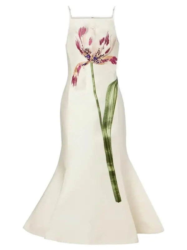 LEO LIN Regina Floral Wool And Silk Midi Dress - White