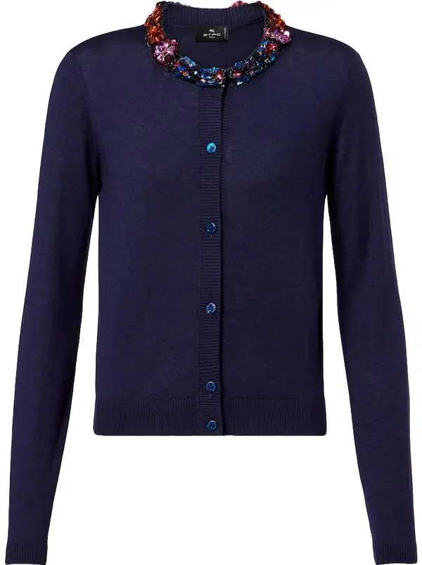 Etro Silk And Cashmere Embellished Cardigan - Blue