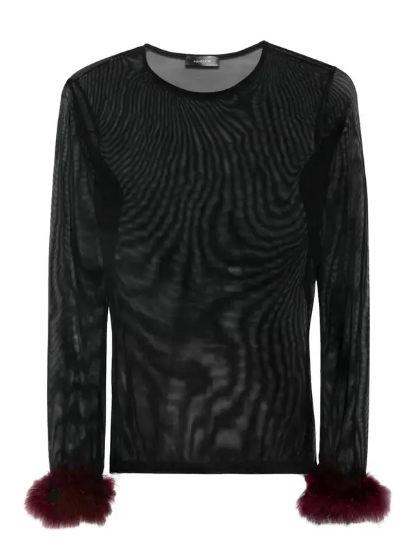 MUGLER Mesh-panel Feather-cuff Top - Black
