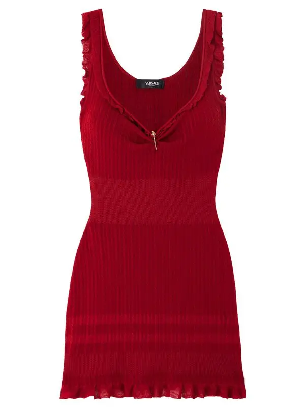 Versace Embellished Ruffled Cable-knit Wool-blend Mini Dress - Red