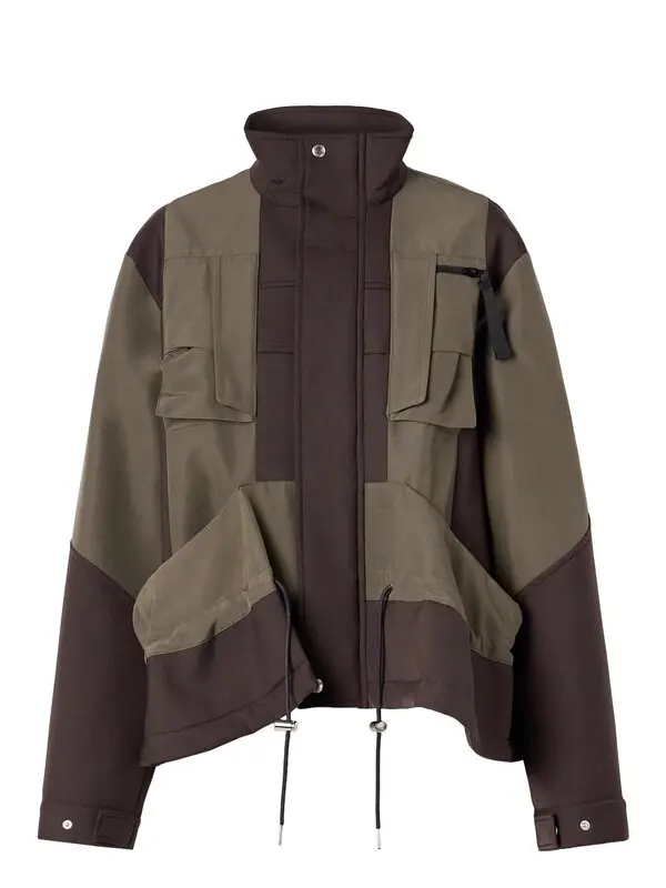 Sacai Draped Paneled Scuba And Cotton-blend Grosgrain Jacket - Brown