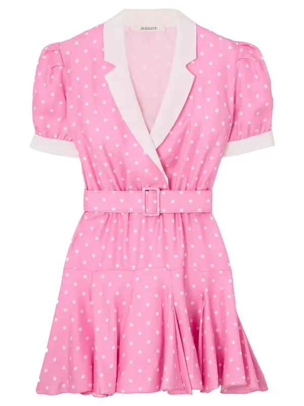 RODARTE Belted Wrap-effect Pleated Polka-dot Mini Dress - Pink