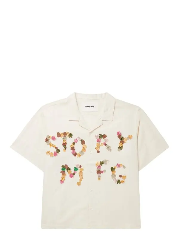 STORY MFG. Greetings Camp-collar Logo-appliquéd Cotton And Linen-blend Shirt - Neutrals