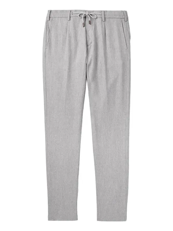Eleventy Slim-fit Pleated Wool And Cashmere-blend Drawstring Trousers - Gray