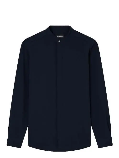 Emporio Armani Icon Guru-collar Shirt In 3d Piqué-effect Jersey Crêpe - Blue