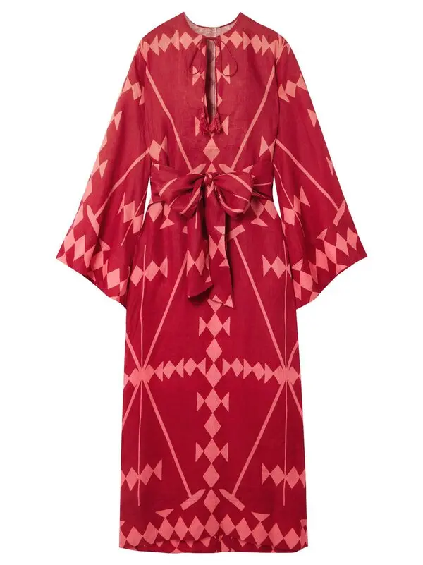 Johanna Ortiz Wild Savannah Belted Tasseled Printed Linen Dress - Purple