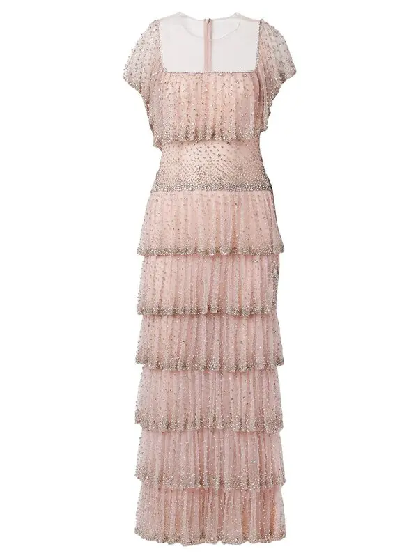 Costarellos Jesenia Tiered Crystal-embellished Tulle Gown - Pink