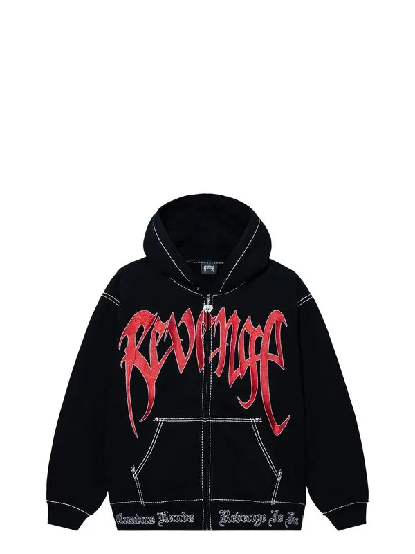 REVENGE Contrast Embroidered Zip Hoodie - Black