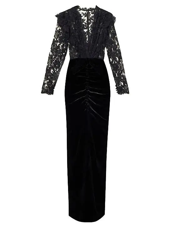 Alessandra Rich Velvet And Lace Split Gown - Black