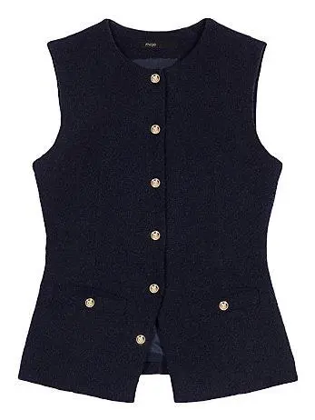 Maje Button-down Sleeveless Stretch-tweed Jacket - Navy