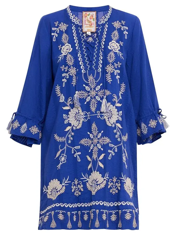 Johnny Was Floral-embroidered Seersucker Dress - Bluing