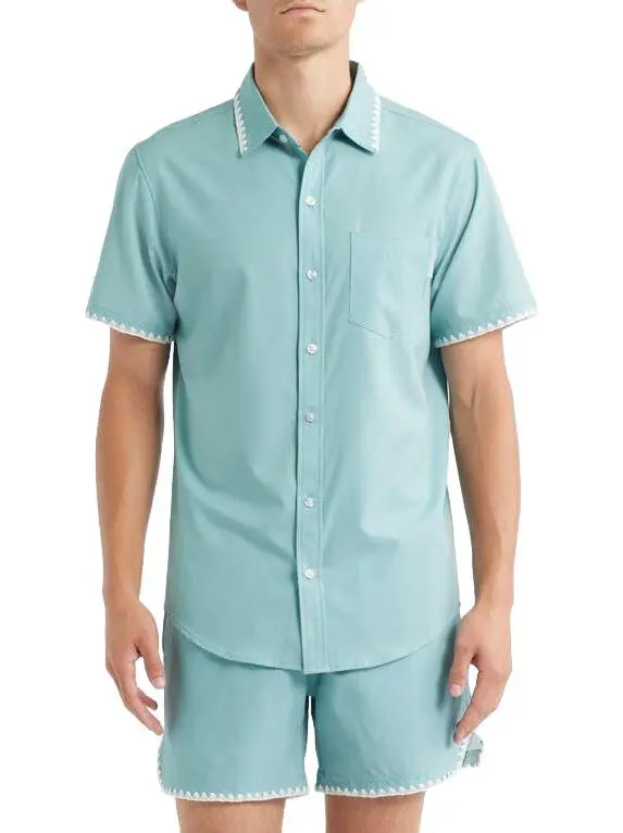 MAVRANS Crochet Trim Short Sleeve Performance Button-up Shirt - Blue