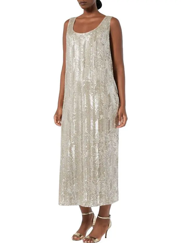 Marina Rinaldi Sequin Wave Shift Dress - Beige
