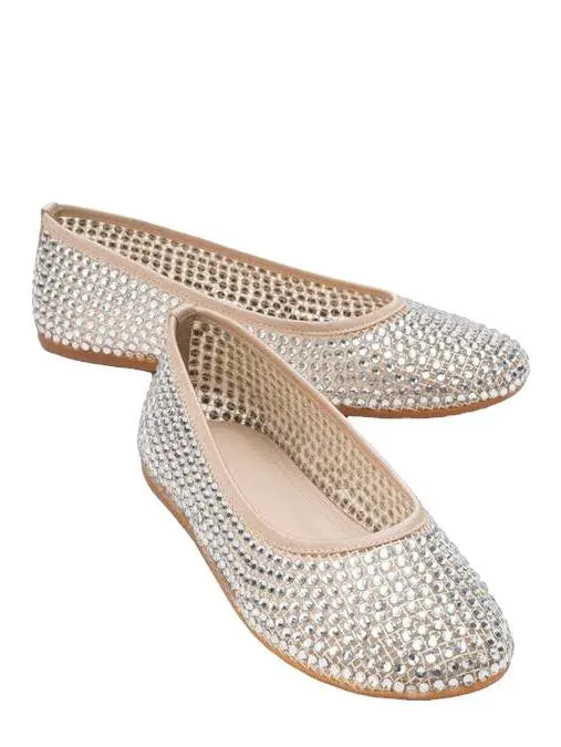 PROLOGUE SHOES Runway Mesh Embellished Ballet Flat - Beige Faux Leather