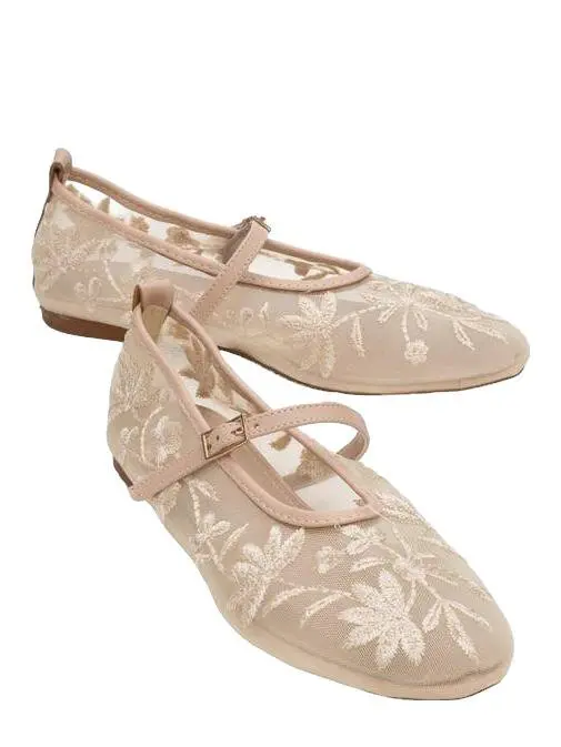 PROLOGUE SHOES Juny Mesh Embroidery Ballerina Flats - Beige Faux Leather