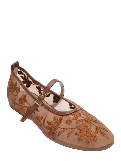 PROLOGUE SHOES Juny Mesh Embroidery Ballerina Flats - Cognac Faux Leather