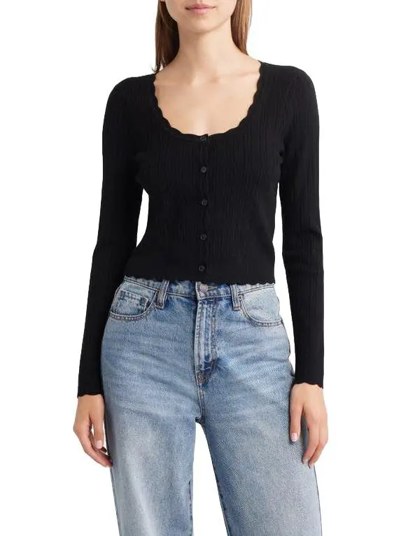 LoveShackFancy Martti Scallop Trim Pointelle Cardigan - Black