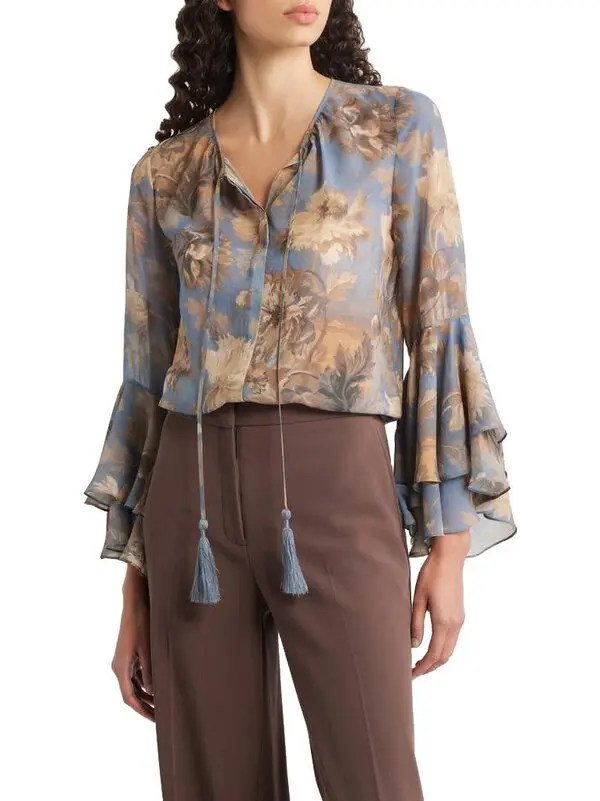 Kobi Halperin Mullin Floral Shirt With Trumpet Sleeves - Skyline Multi