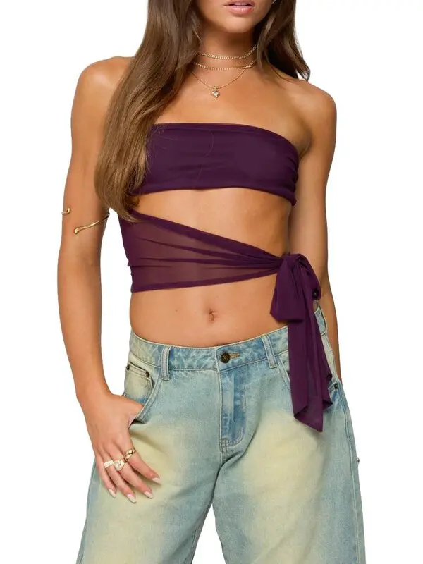 EDIKTED Amaro Strapless Top With Side Tie - Purple