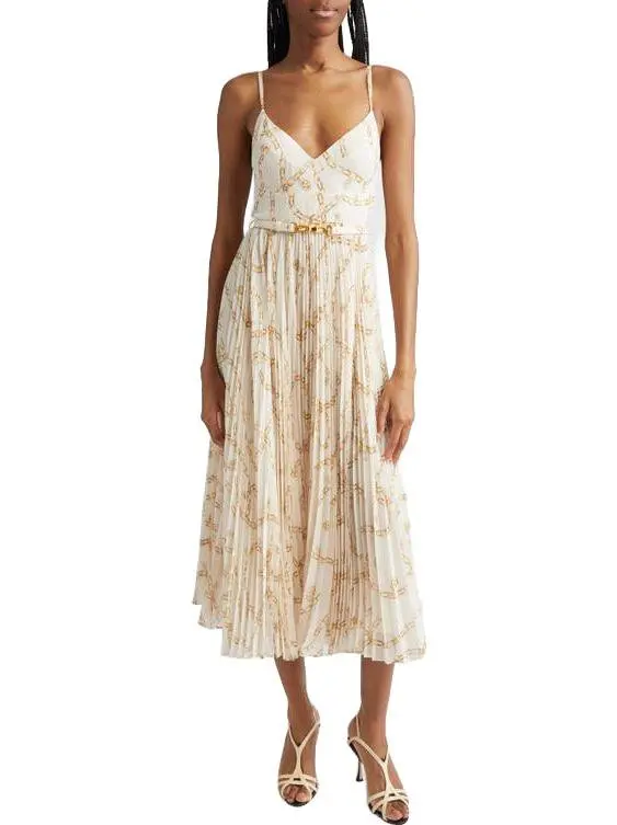 Zimmermann Chain Print Sunray Pleated Picnic Dress With Belt - Cream Charms