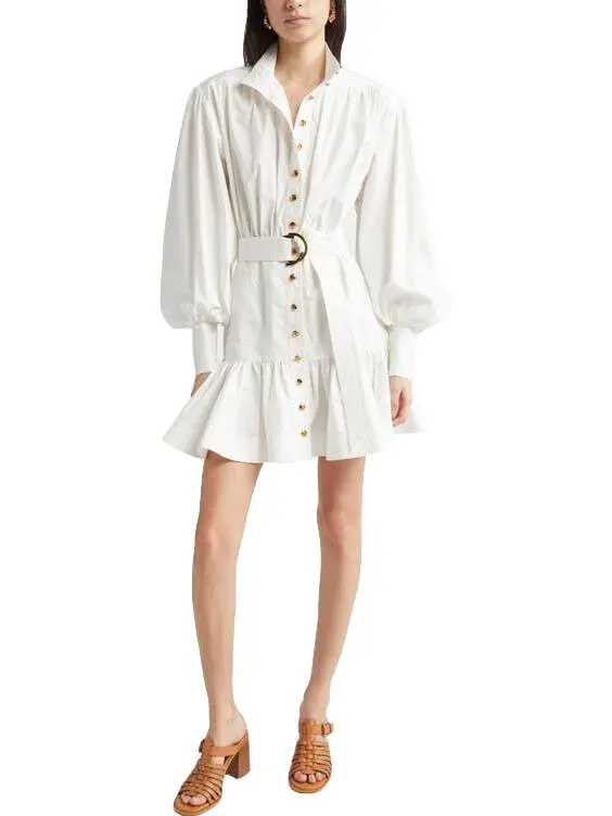 Zimmermann Belted Long Sleeve Cotton Utility Mini Shirtdress - Ivory