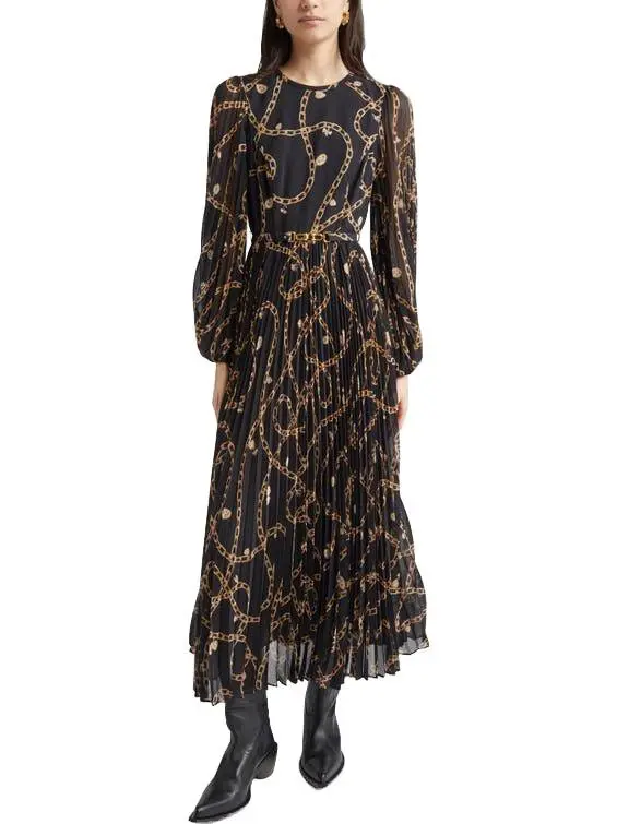 Zimmermann Chain Print Long Sleeve Sunray Pleated Dress - Black Charms