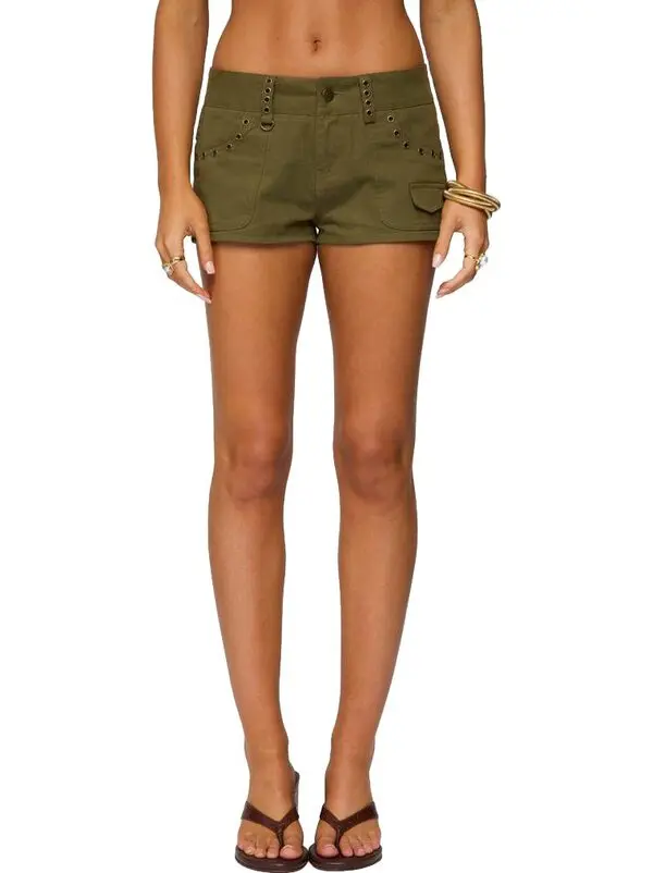 EDIKTED Low Rise Twill Shorts - Olive-washed