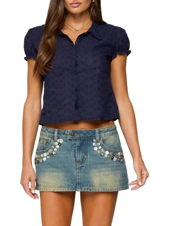 EDIKTED Lanie Eyelet Crop Top - Navy