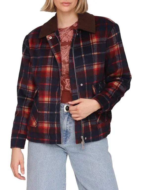 Avec Les Filles Plaid Oversized Bomber Jacket - Navy-red Plaid