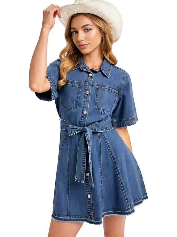 KNIT & LOUNGE Short Sleeve Belted Denim Shirt Dress - Denim Blue
