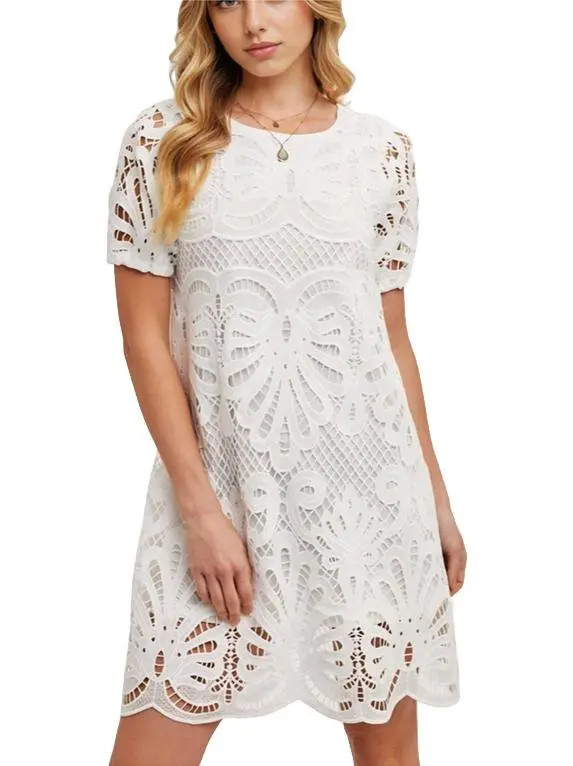 KNIT & LOUNGE Lace Overlay Puff Sleeve Mini Dress - Ivory