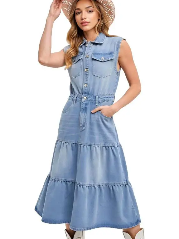 KNIT & LOUNGE Sleeveless Denim Tiered Midi Dress - Light Blue