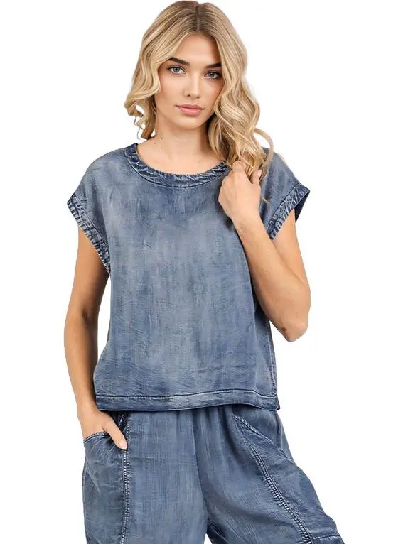 KNIT & LOUNGE Washed Cap Sleeve Top With Back Button Detail - Washed Blue